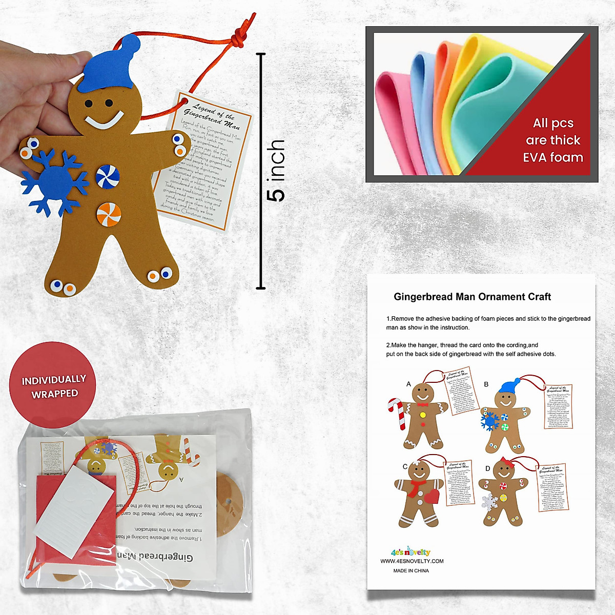 4E's Novelty Legend of Gingerbread Man Ornament Craft - 12 Pack Bulk Foam Christmas Ornaments Set, Ages 3-12, Self-Adhesive, DIY Ornaments for Christmas Tree, Classroom Art Project