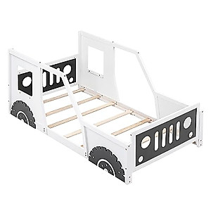 Aiuyesuo Twin Size Classic Car-Shaped Platform Bed with 2 Wheels and Headboard, Wooden Platform Bed Frame with 2 Doors and Windows for Kids Boys Girls, Wheels Shape, Space Saving (White-TK)