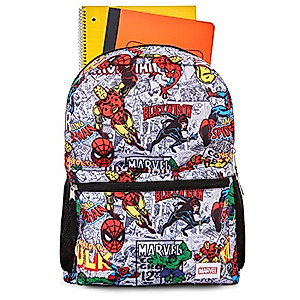 Marvel Comics Allover School Backpack - Avengers, Spiderman, Captain America, Iron Man Hulk - Officially Licenced Marvel Bookbag for Boys & Girls (White)