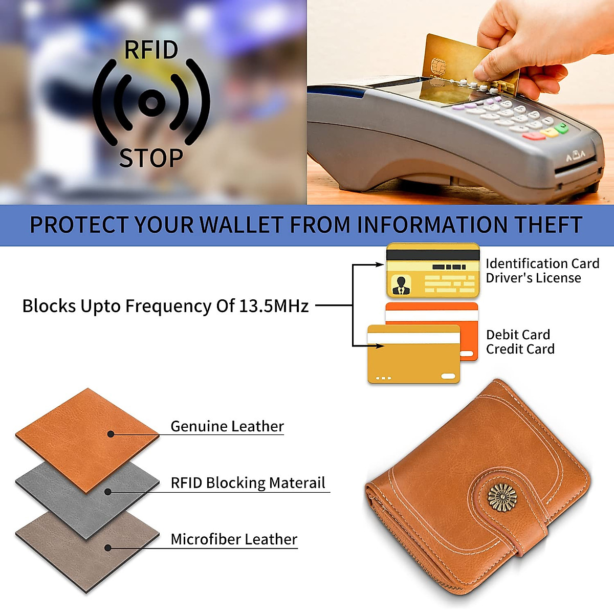 PAPUKA RFID Wallet for Women Genuine Leather Card Holder Large Phone Holder Clutch Travel Checkbook Organizer Zipper Coin Purse