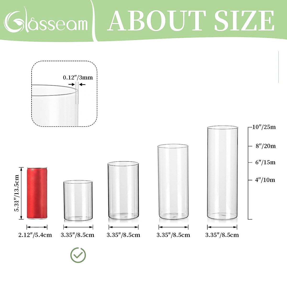 Glasseam Cylinder Vases for Centerpieces, Set of 6 Clear Glass Vases for Flowers, Modern Small Floating Candle Vase Decor, Decorative Hurricane Candle Holders for Home Wedding Table Decorations, 4in