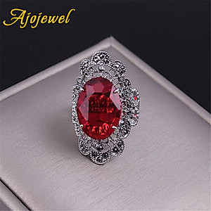 Ajojewel Big Oval Crystal Red Rings For Women Hollow Out Flower Design Finger Jewelry Vintage Anel (Red, 9)
