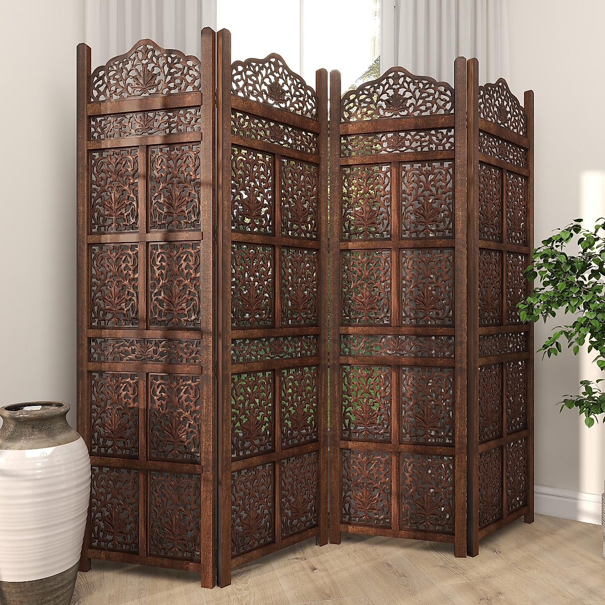 Deco 79 Wood Floral Handmade Partition Room Divider Screen, LARGE SIZE, Brown