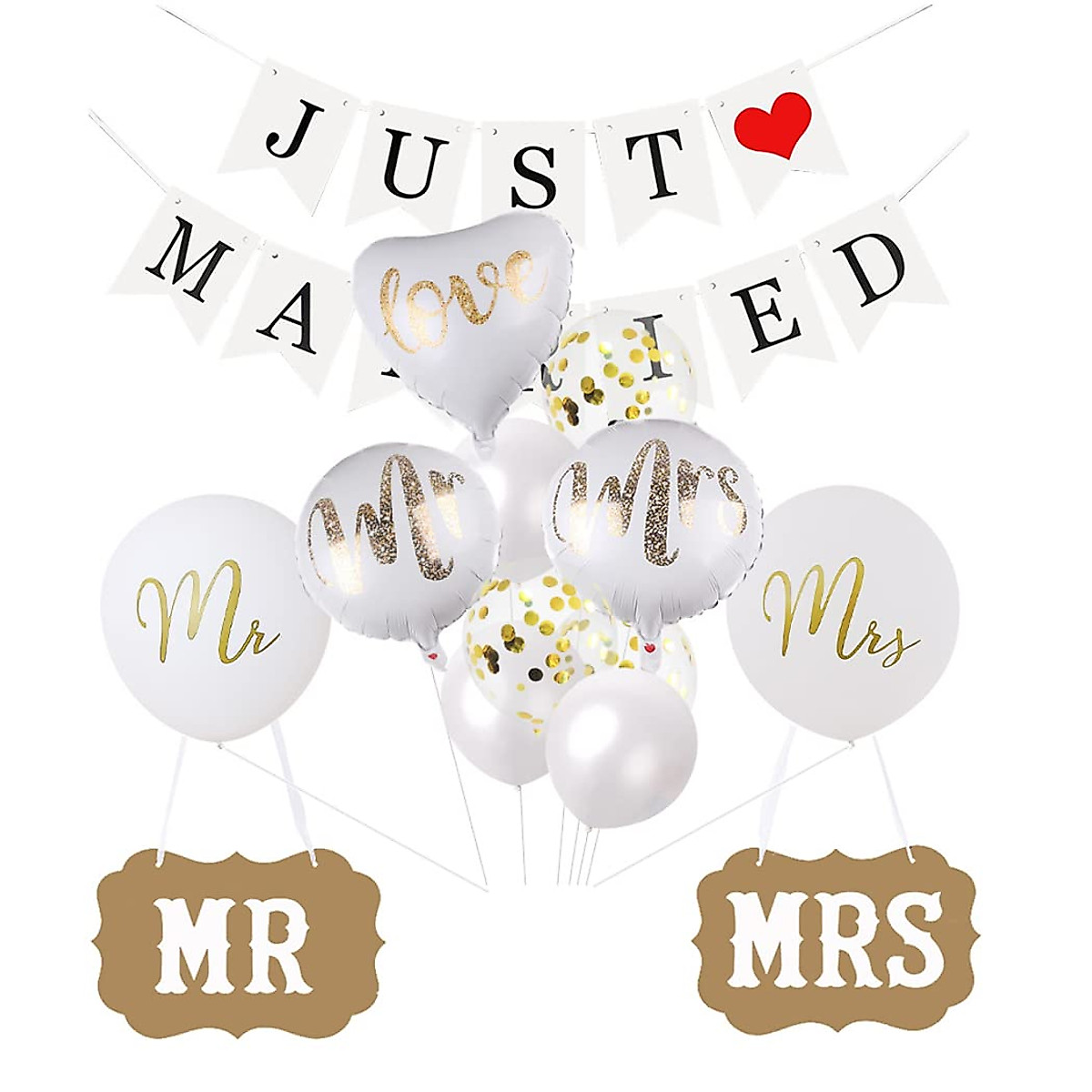 Borsgye 14PCS Just Married Banner Mr and Mrs Wooden Signs Letters Decorations Set Love Foil Balloons Glitter Latex Balloons Reception Sign Garland for Table Decor Bridal Decorations Supplies
