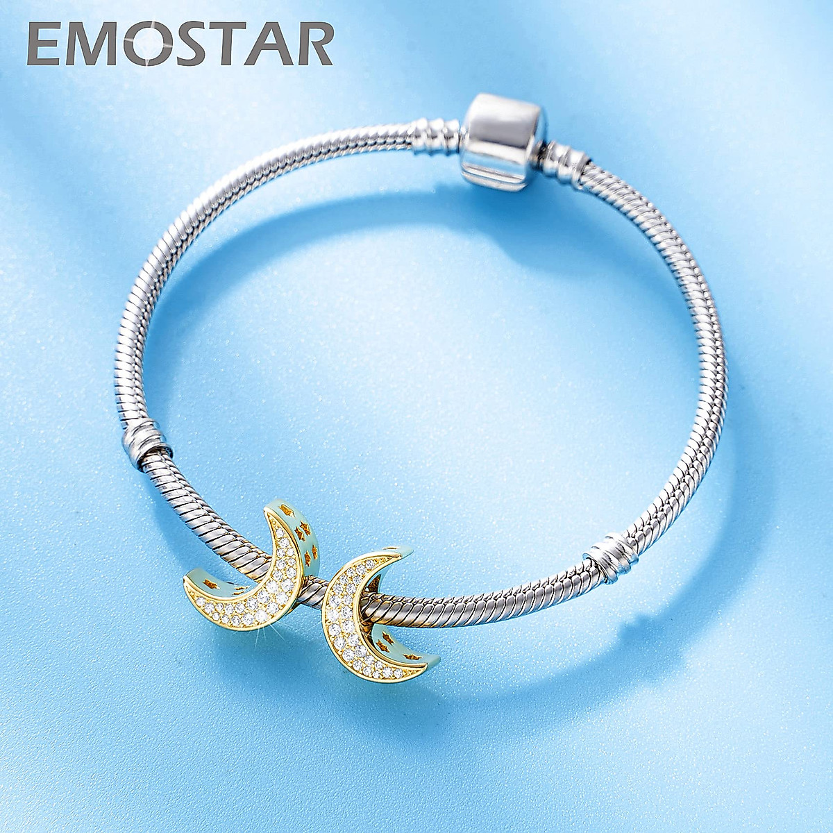 Gold Plated Sparkling Crescent Moon Charms fits Pandora Valentines Bracelet, 925 Sterling Silver Reflexions Crescent CZ Night Sky Beads, Gifts for Christmas/Sister/Girlfriend