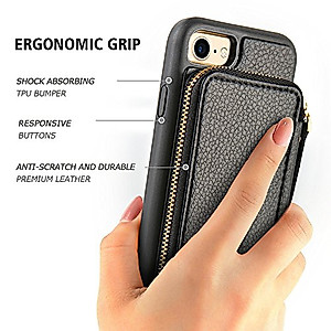 ZVE Case for iPhone SE 2022 5G for iPhone 7, 4.7 inch, Leather Wallet Case with Card Holder Slot Zipper Wallet Pocket Purse Handbag Wrist Strap Protective Cover for iPhone 8/7/SE- Black