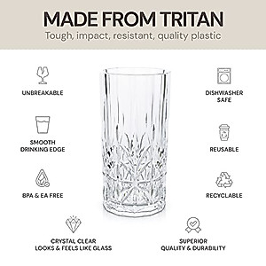 BELLAFORTE Shatterproof Tritan Tall Tumbler, Set of 4, 18oz - Myrtle Beach Drinking Glasses - Unbreakable Plastic Drinking Glasses for Gifting, Parties, New Year - BPA Free - Dishwasher Safe - Clear