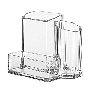 Sooyee Acrylic Desk Supplies Organizer Holder, 3 Compartments Office Desktop Caddy, Multi-function Pen Pencil Cup Phone Remote Control Stationery Storage Box for Home, School, Classroom, Clear