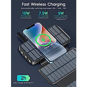 Solar Charger, Power-Bank, Portable Charger,43800mAh QC3.0 Fast Charging Qi 10W Wireless Charger 4 Solar Panel Built-in 2 Kinds Output Cable and 680Lumen Bright flashlights
