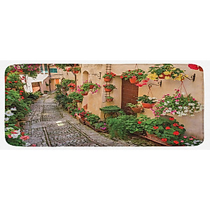Lunarable Tuscan Kitchen Mat, Entrance to Mediterranean Tuscan House Rustic Wooden Door and Colorful Flowers Image, Plush Decorative Kitchen Mat with Non Slip Backing, 47" X 19", Green Red
