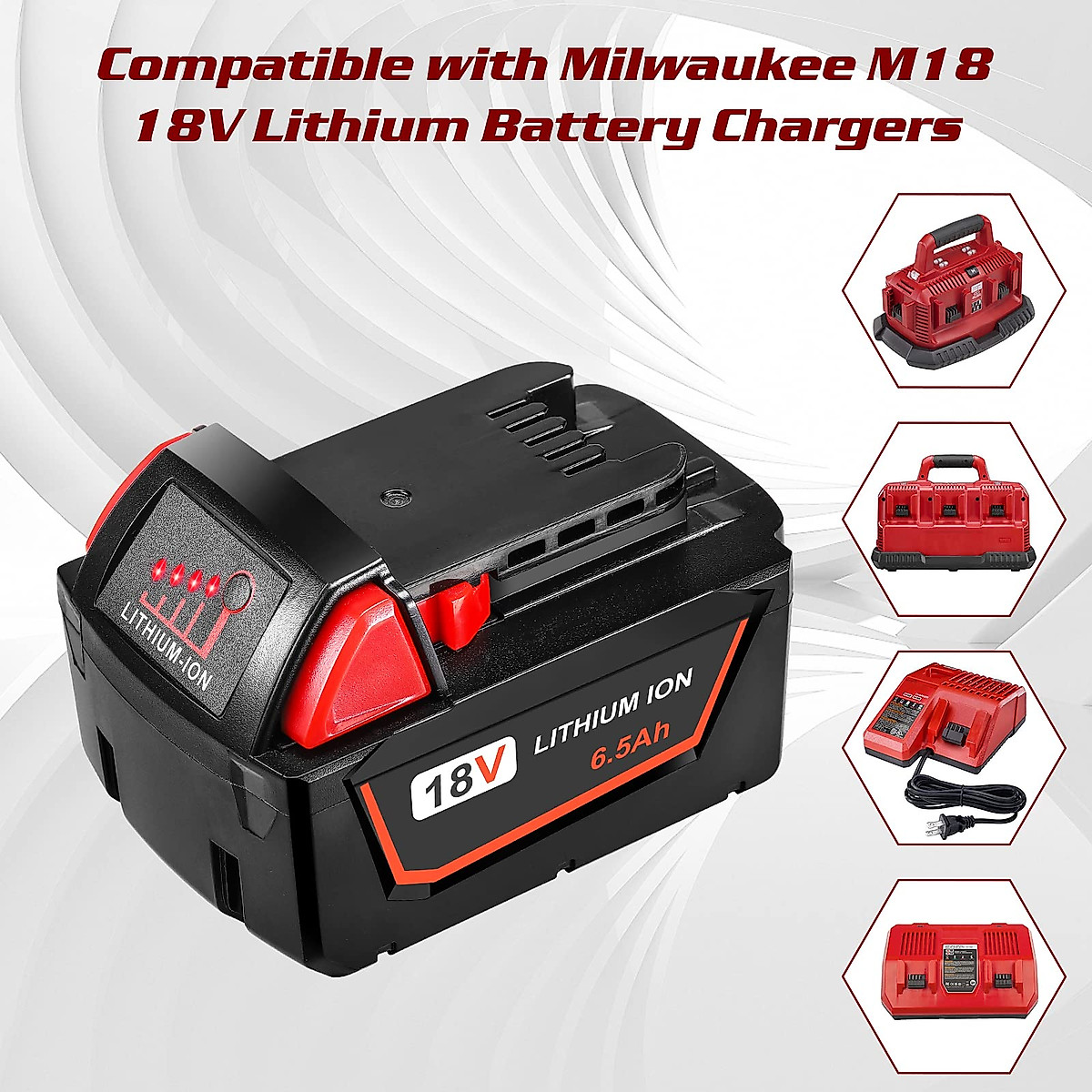 HUSUE 6.5Ah 18V Replacement Battery for Milwaukee M18 Battery, Lithium Battery Compatible with Milwaukee M18 18V 48-11-1815, 48-11-1820, 48-11-1840, 48-11-1850, 48-11-1860 Cordless Power Tools, 2 Pack