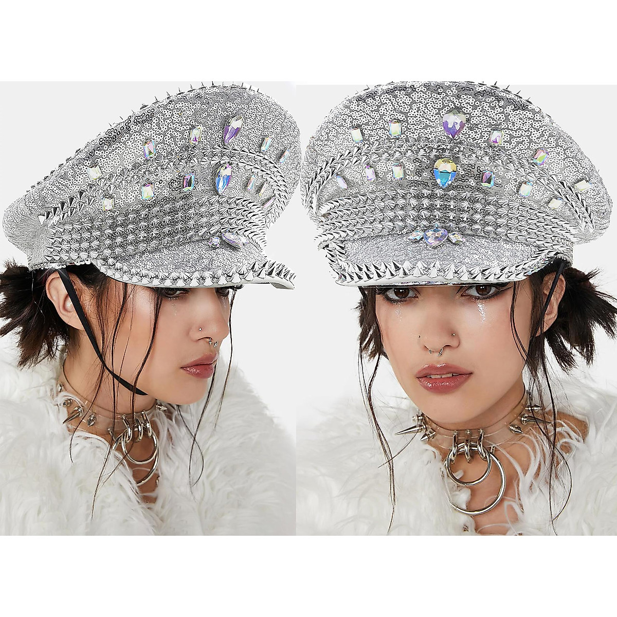 UTOWO Glitter Sequin Bride Hat Bachelorette Hen Party Captain Caps Rhinestone Hen Do Hat Steampunk Military Hat for Women (as1, alpha, one_size, Standard, Silver)