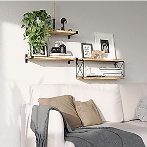 WOPITUES Floating Shelves Wall Mounted, Wood Bathroom Shelves with Extra Storage Shelf, Rustic Wall Shelves for Bathroom, Bedroom, Kitchen, Living Room, Plants - Light Brown