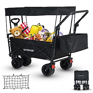 SKYMANOR Collapsible Garden Cart with Removable Canopy, 3-in-1 Utility Heavy Duty Wagon Cart with All-Terrain Wheels, Adjustable Handle, Seat Belt, 300LBS Folding Wagon for Camping(Black)