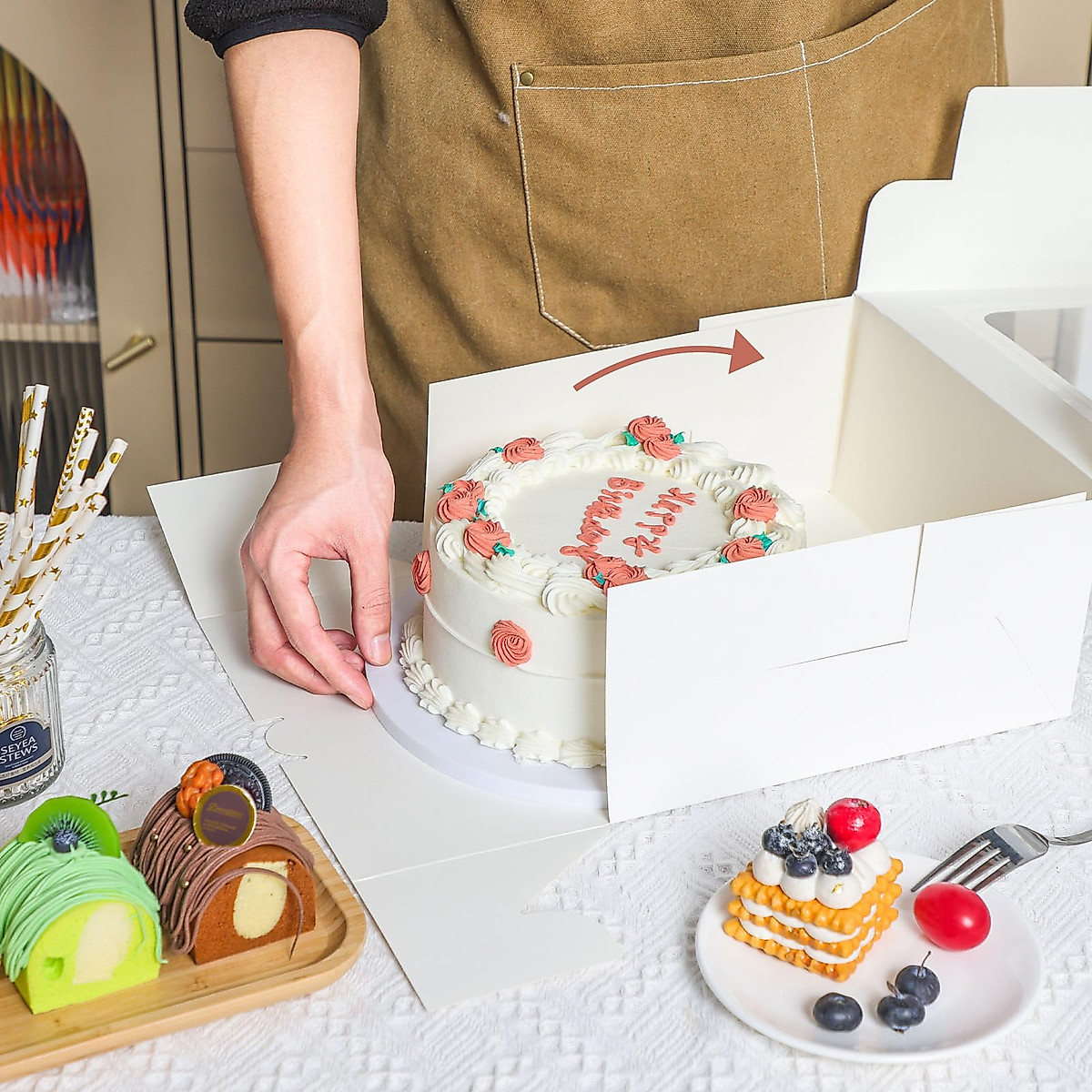 Moretoes 24pcs Cake Boxes, 10x10x5 Inches White Square Bakery Boxes with Window Cajas Pasteles for Cake, Valentine's Day, Pastries, Chocolates, Cookies, Pie, Birthday Party, Wedding, Easter