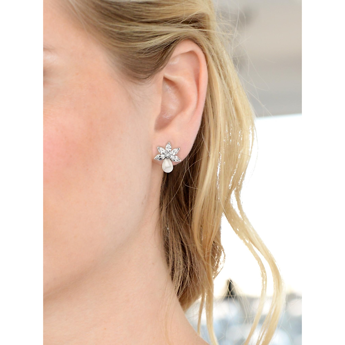 Mariell Freshwater Pearl and Cubic Zirconia Crystal Bridal Earrings. Pearl Wedding Earrings for Brides, Bridesmaids and Mother of the Bride