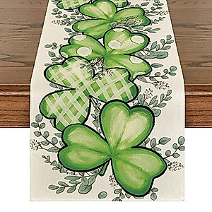Artoid Mode Clover Shamrocks Eucalyptus Buffalo Plaid St.Patrick's Day Table Runner, Seasonal Kitchen Dining Table Runner for Home Party Decor 13x72 Inch