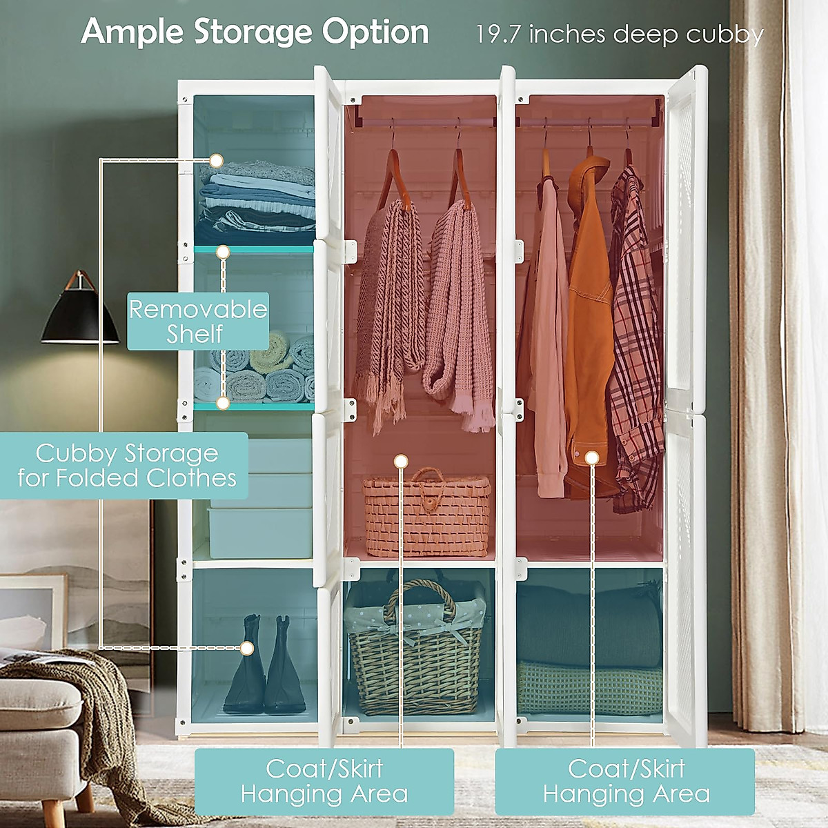 Tangkula Portable Closet Wardrobe, Foldable Clothes Organizer with Cubby Storage, Hanging Rods, Easy Assemble Clothing Storage with Magnet Doors, Folding Bedroom Armoire (8 Cubbies & 2 Rods)