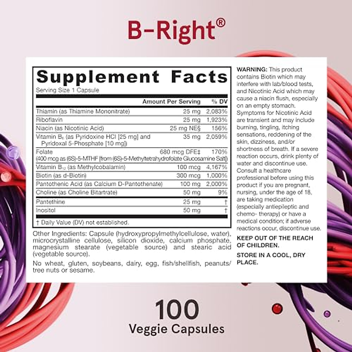 Jarrow Formulas B-Right Optimized B-Complex, Dietary Supplement for Cellular Energy, Immune Health and Stress Management Support, 100 Veggie Capsules, 100 Day Supply