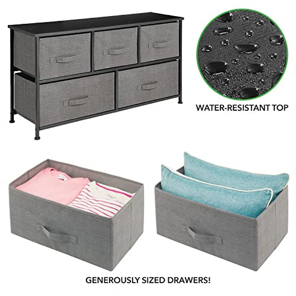 mDesign 21.65" High Steel Frame/Wood Top Storage Dresser Furniture Unit with 5 Removable Fabric Drawers - Wide Bureau Organizer for Bedroom, Living Room, Closet - Lido Collection, Charcoal Gray