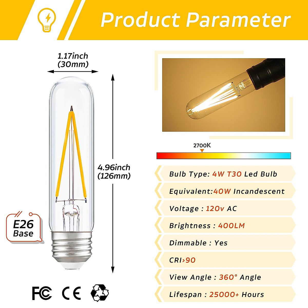 Dimmable E26 T10 LED Bulb Long Tube Light Bulb,Type T Tubular Light Bulbs for Curio Cabinet,Piano Light,Chandelier ,Wall Sconces,4W(40W Equivalent) AC120V Warm White 2700K 400LM CRI 90,Pack of 2