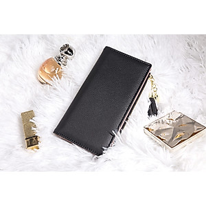 Meilib Wallet for Women Leather Cell Phone Case Holster Bag, Long Slim Credit Card Holder Cute Minimalist Coin Purse Thin Large Capacity Zip Clutch Handbag Wallet for Girls Ladies Black