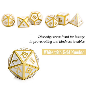 ALLCOLORED 16mm DND Metal Dice Set White Gold 7 Pieces Polyhedral Dice D&D with Metal Case and Velvet Bag for Playing Tabletop Roleplay Games Dungeons and Dragons