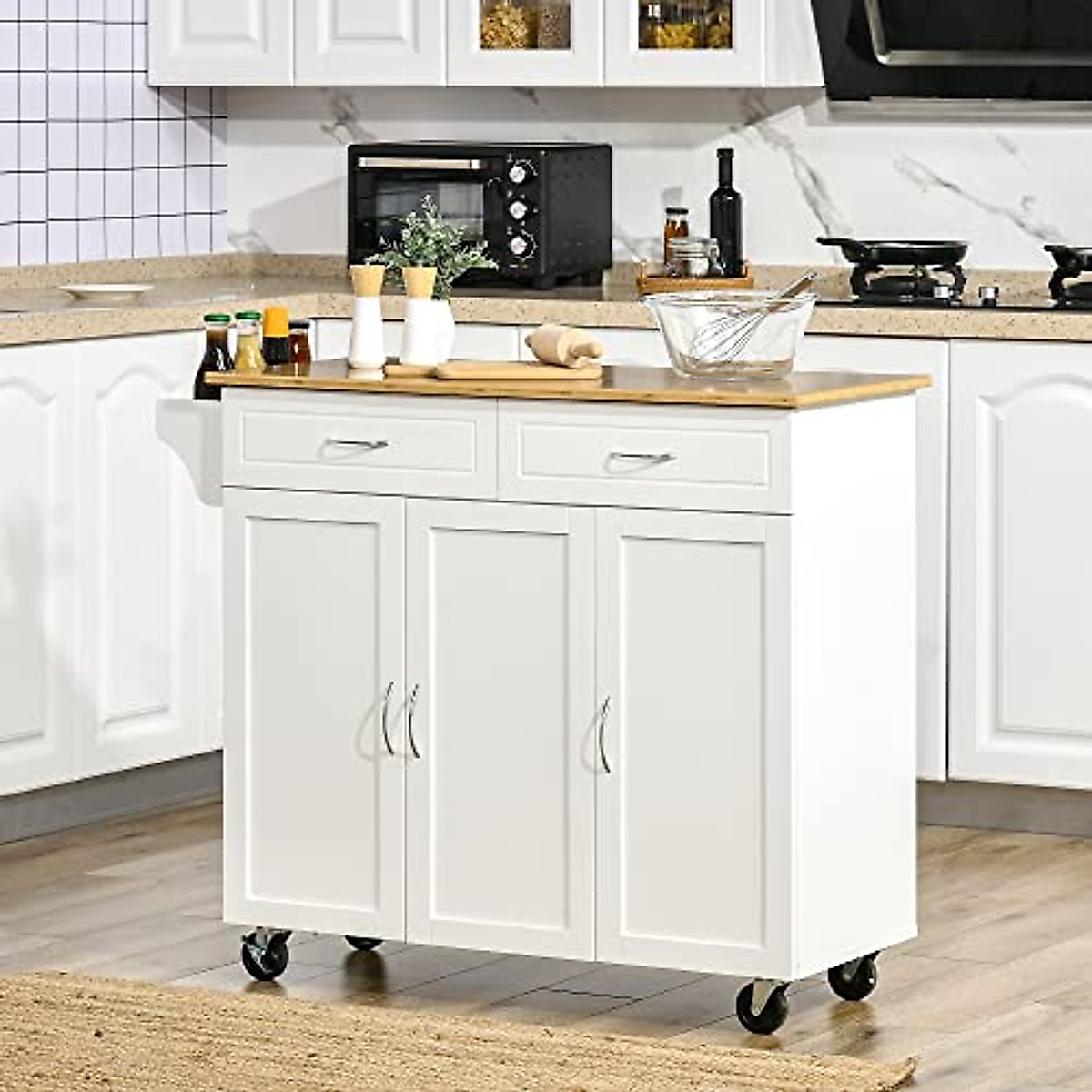 HOMCOM Rolling Kitchen Island Cart on Wheels with Large Bamboo Countertop, 2 Cabinets with Drawers, Adjustable Shelves, White