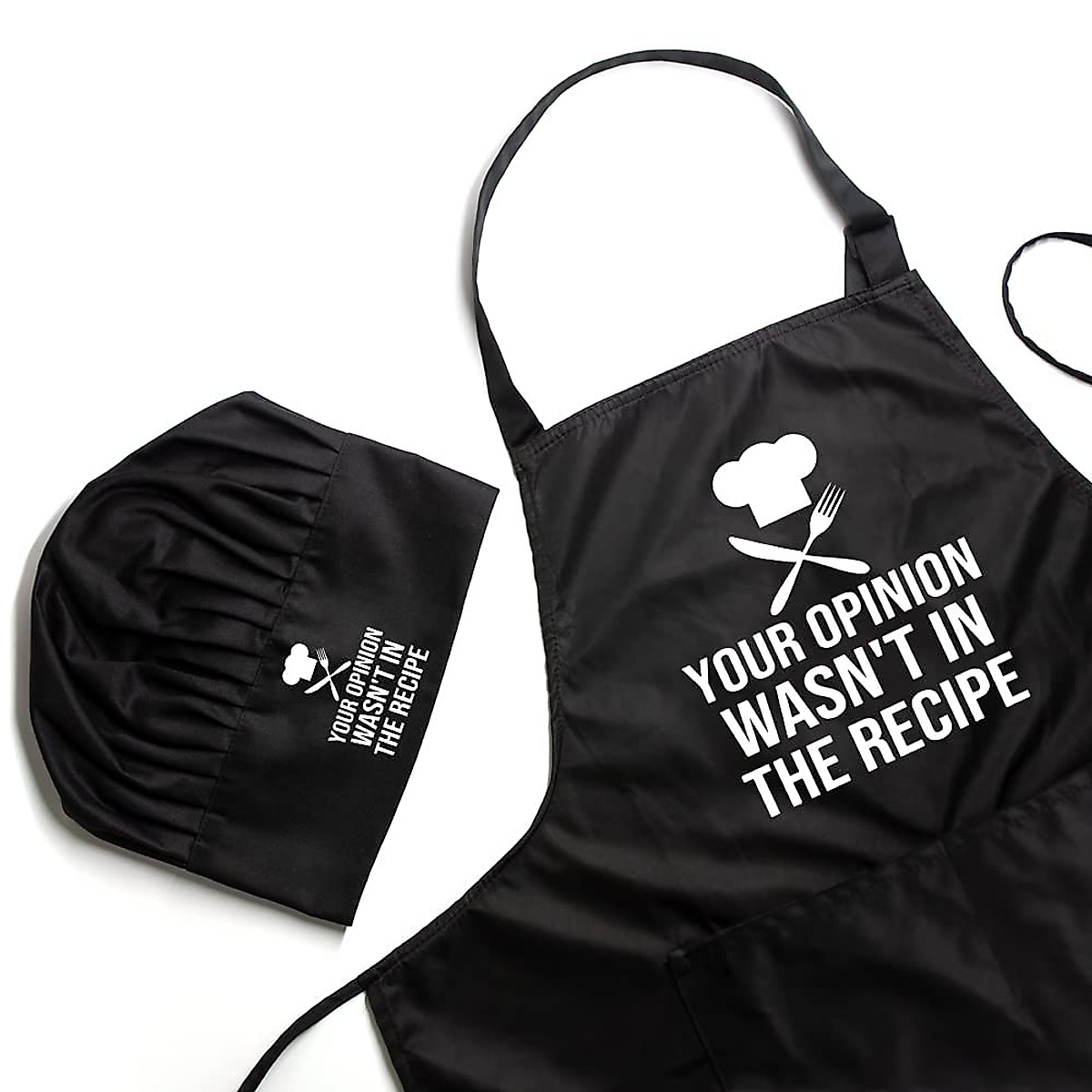 DYJYBMY Your Opinion Wasn't in The Recipe Chef Hat and Apron Set, Funny Cooking Grilling Apron Gift for Men Woman Dad Mom, Gift for Dad, Husband, Boyfriend, Chef, Adjustable Size