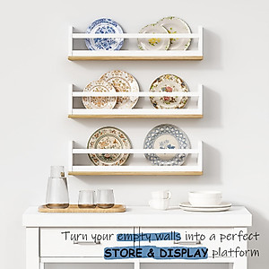 Harwaya 24 Inch Long Wall Bookshelf for Kids Room Bedroom Set of 3, Floating Nursery Book Shelves for Baby Boys Girls, Large Wood Hanging Bookshelves for Toddlers Childs (White and Natural)