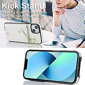 Lipvina for iPhone 13 Case Wallet with Strap for Women,Crossbody Lanyard and Wristlet Strap,Zipper Pocket,Credit Card Holder,Ring Stand,RFID Blocking Phone Wallet Cases(6.1 inch,White)