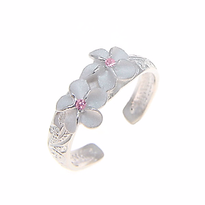 Arthur's Jewelry 925 sterling silver Hawaiian 2 plumeria flower scroll pink cz toe ring