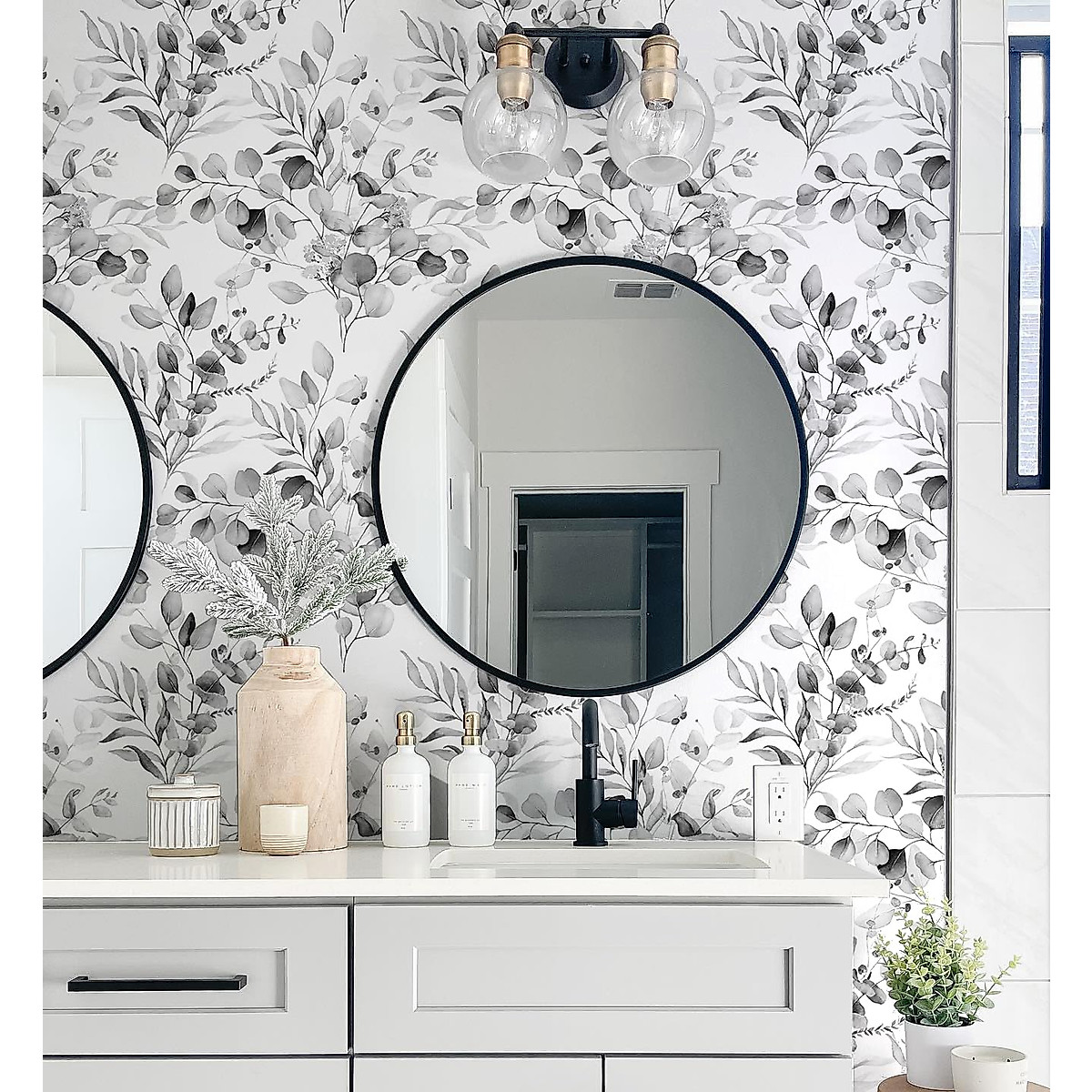 HAOKHOME 93042-2 Peel and Stick Wallpaper Boho Black/Grey/White Eucalyptus Leaf Floral Wall Mural Home Nursery Boho Contact Paper 17.7in x 9.8ft