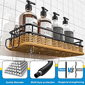 Getsrichfc Shower Caddy, 3 Pack Rustproof Stainless Steel, Weave Rattan, Adhesive Organizer, Large Capacity, Bathroom Storage, Black