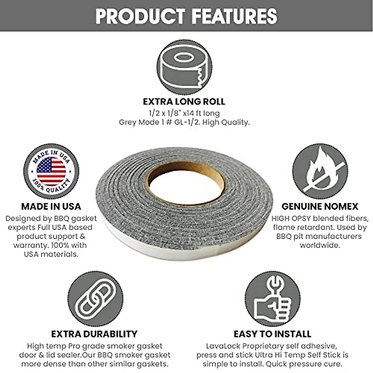 1/2" x 1/8" LavaLock High Temp BBQ Gasket Smoker Seal for Nomex Door Lid, Self Stick Grey