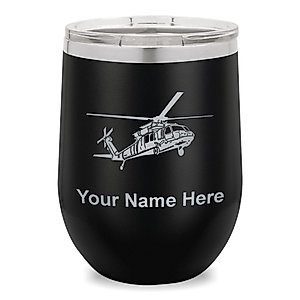 LaserGram Double Wall Stainless Steel Wine Glass Tumbler, Military Helicopter 1, Personalized Engraving Included (Black)