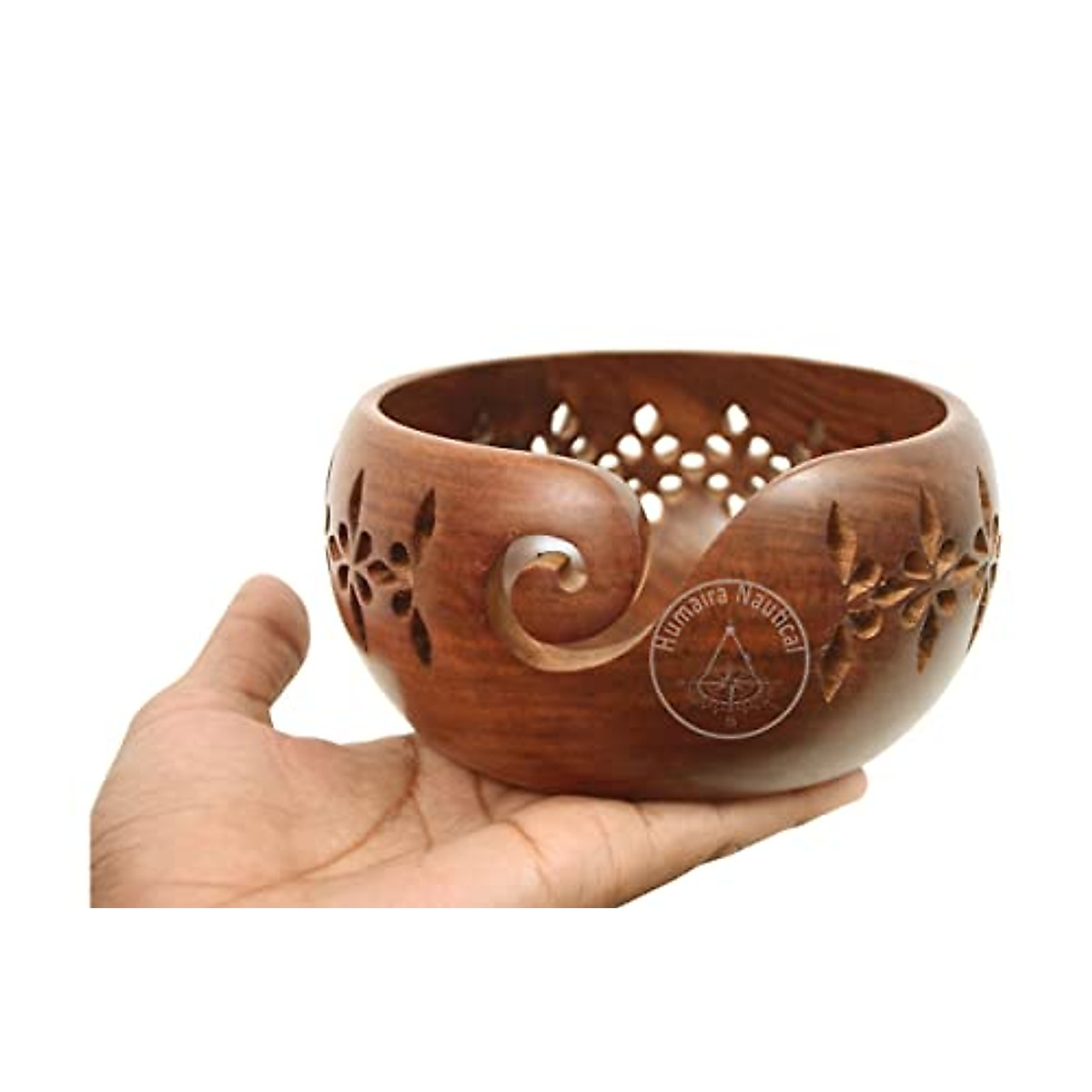 Humaira Nautical Rosewood Crafted Wooden Yarn Storage Bowl with Carved Holes & Drills | Knitting Crochet Accessories