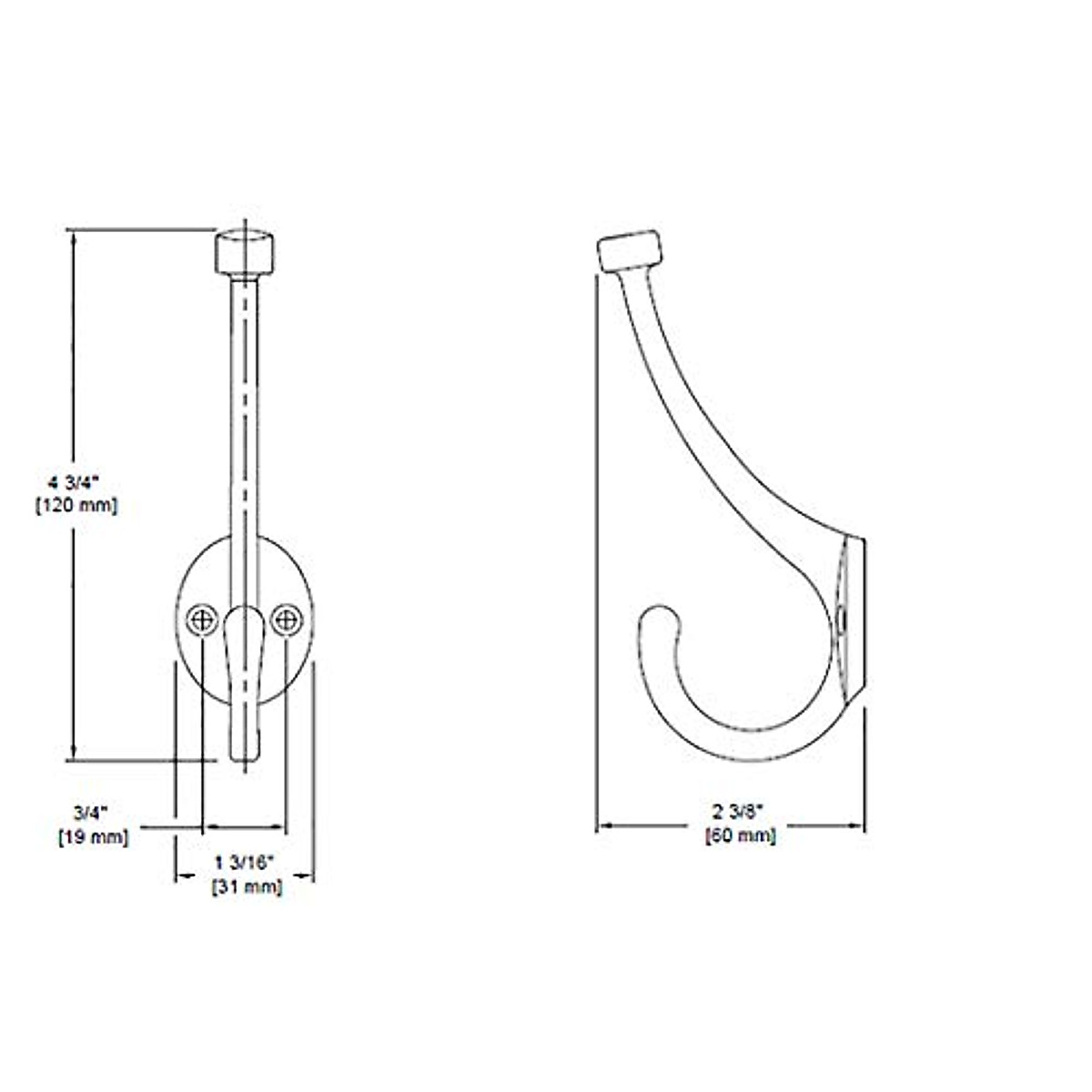QCAA Zinc Diecast Coat Hook, Flat Black, 5 Pack
