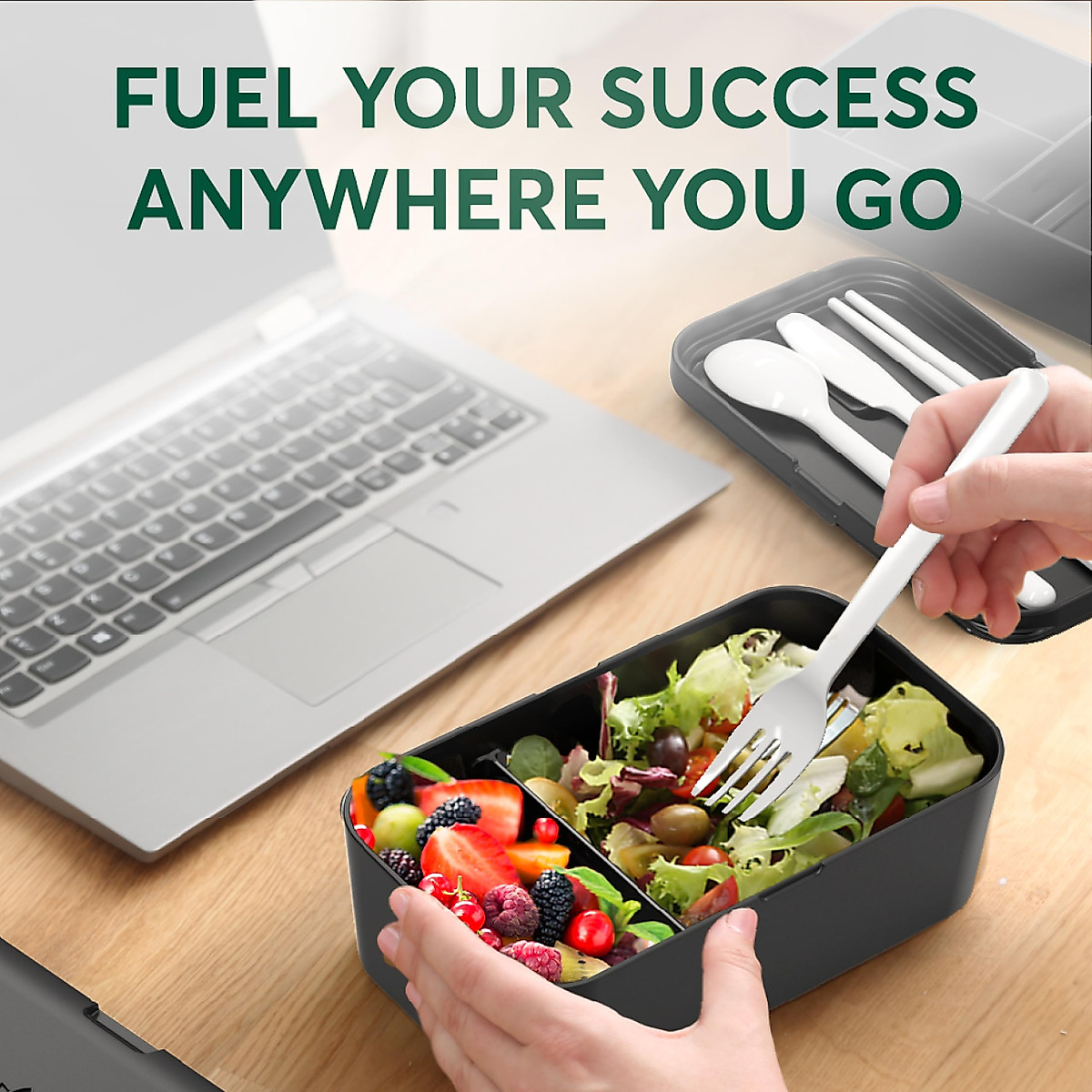 Umami Lunch Box Containers w/ 4 Utensils, 2 Sauce Jars, Nestable Space-Saving Bento Box Adult, 100% Leakproof, Microwavable Lunch Containers for Adults, Design Award Winner, Black, 30 oz