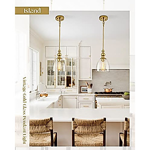 HANASS Pendant Lights, Brushed Gold Pendant Lighting for Kitchen Island, Clear Glass Pendant Light Fixtures, Hanging Light Fixtures with Adjustable Height, MD89426-A