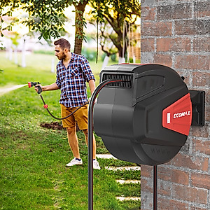Ecomax ELG01 1/2in. x 100ft Garden Hose Reel, Retractable Reel Storage with Any Length Lock, Slow Return System, 9 Patterns Adjustable, Wall-mounted & 180° Swivel Bracket for Watering, Black & Red