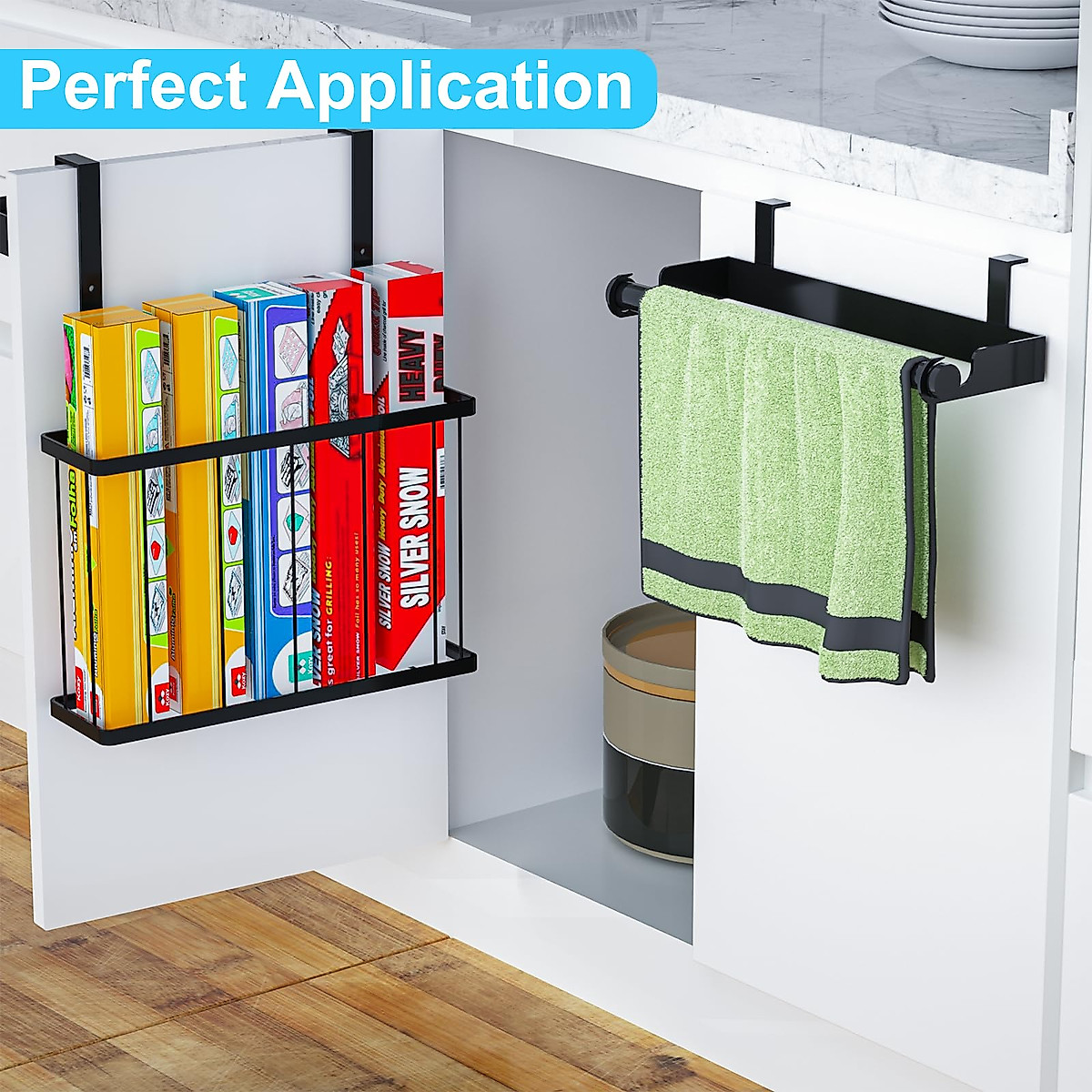 VANMEE 2 Pack Cabinet Door Organizer, Over The Cabinet Door Organizer/Towel Bar or Paper Towel Holder, Bathroom Kitchen Cabinet Door Storage for Cutting Board, Bakeware Pan, Plastic Wrap