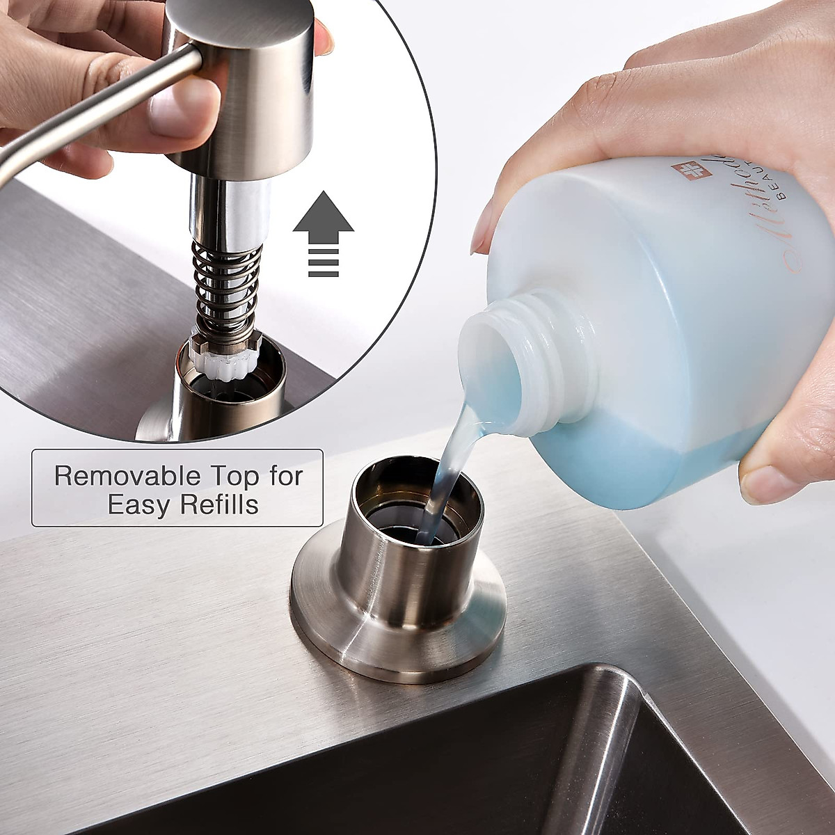 PBF Built in Soap Dispenser for Kitchen Sink, Lotion Dispenser with Above The Sink Refillable Bottle, Brass Pump Head, for countertop, Brushed Nickel