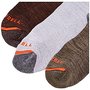 Merrell mens Cushioned Hiker Crew 3 Pair Casual Sock, Dark Brown, Dark Grey/Light Grey, Olive Green, Small-Medium US