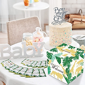 51 Pieces Safari Baby Shower Card Box Holder and Advice Cards Safari Diaper Raffle Cards Diaper Raffle Game Box Tickets for Safari Jungle Zoo Animals Themed Baby Shower Party Decorations Supplies