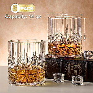 Hlukana Unbreakable Plastic Whiskey Glasses Set of 6, 14 Oz Old Fashioned Glasses for Scotch Cocktail Rum Bourbon Vodka Liquor, Unique Gifts for Men, Reusable, Clear, BPA-free, Dishwasher Safe