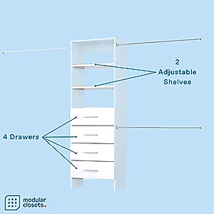 MC Modular Closets Closet Shelves Tower With Hanging Kit - Built In Organizer System Corner Organizers And Storage Shelves Shelving Expands From 52'' 120'' (EXTW-AS-25.5) (Shelves and Drawers), White
