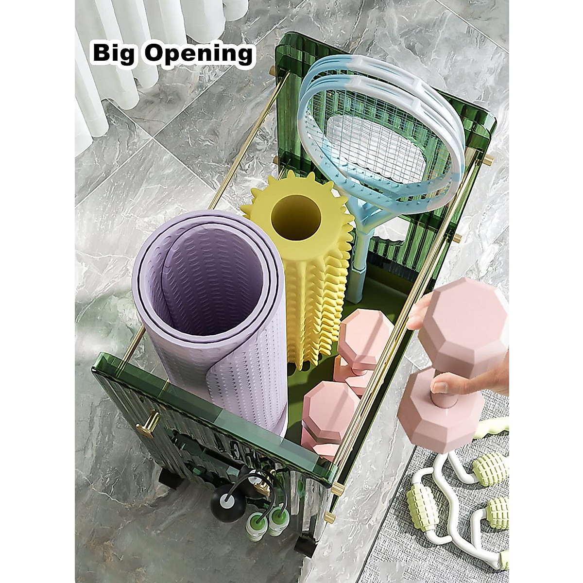 Yoga Mat Holder Fitness Yoga Mat Storage Racks Display Shelf, Multifunctional Yoga Mat Holder Mobility Equipment with Wheels/Hooks, Exercise Mats Organizer (Color : Green)