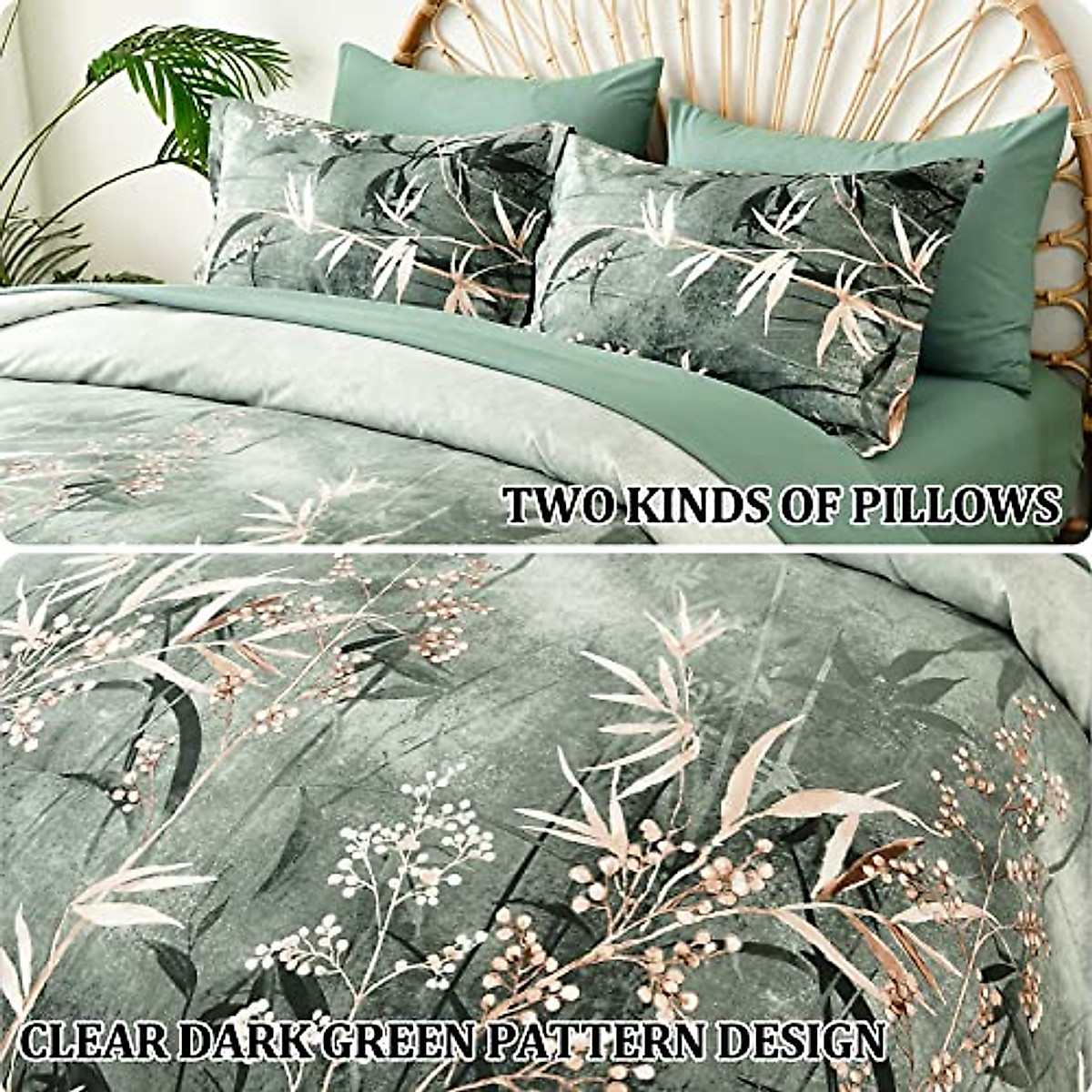 Dinjoy Botanical Comforter Set Queen 7 Pieces Bed in A Bag Dark Green Bamboo Leaves Comforter Set Soft Microfiber Queen Green Omber Comforter with Sheet (7 PCS Queen Comforter,Green)