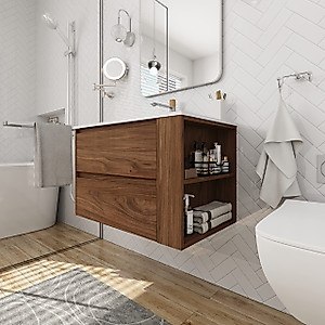 Wall Mounted Bathroom Vanity with Gel Sink Modern 30-Inch Single Bathroom Vanity Set with Top Basin & Storage Cabinet Brown Wood Hanging Bath Cabinet for Small Space Bathroom (Brown)